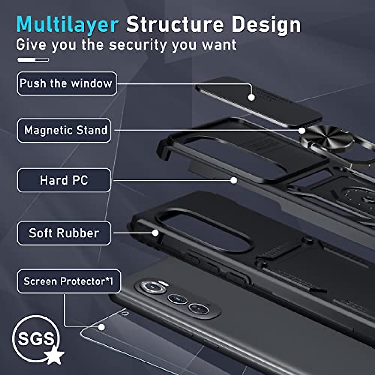 Motorola Moto Edge 2022 Case Built in Slide Camera Cover and Screen Protector [Not for Edge Plus],Heavy Duty Shockproof Full Body Phone Cover,Built in Finger Ring Stable Holder Kickstand,2022 Black