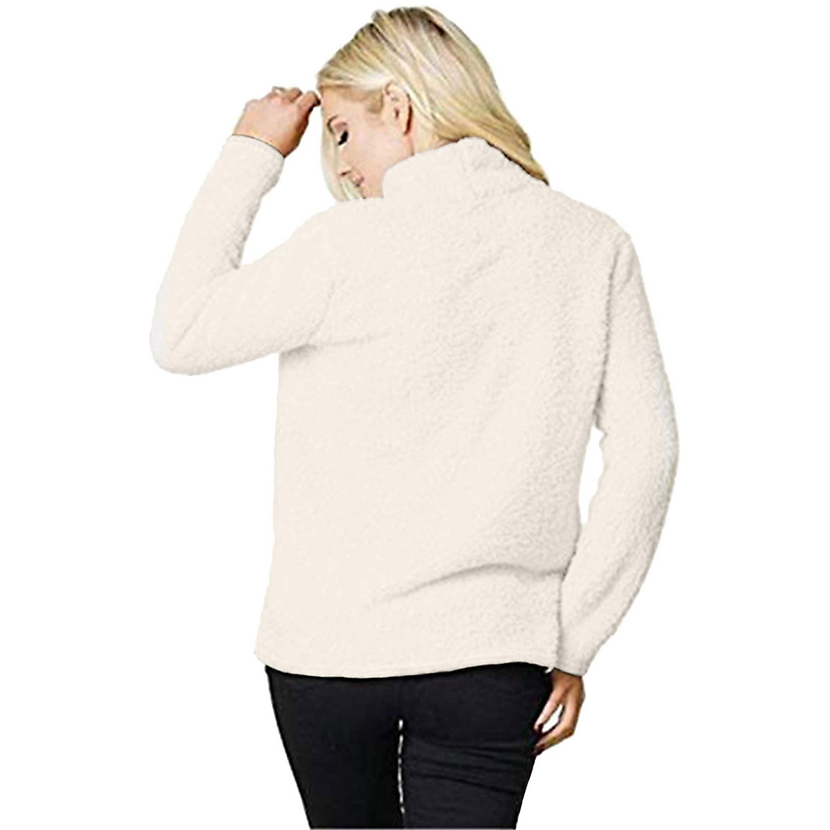 onlypuff Long Sleeve Sherpa Pullover Sweater White Soft Winter Warm up Tunic for Leggings M