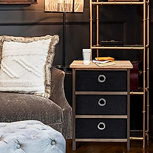 ECOMEX Nightstand Set of 2,Bedside Table with Fabric Storage Drawers and Wooden Table Top,3 Drawer Bedroom Dresser, Storage Cabinet for Home/Bedroom,2pcs (Black Brown)