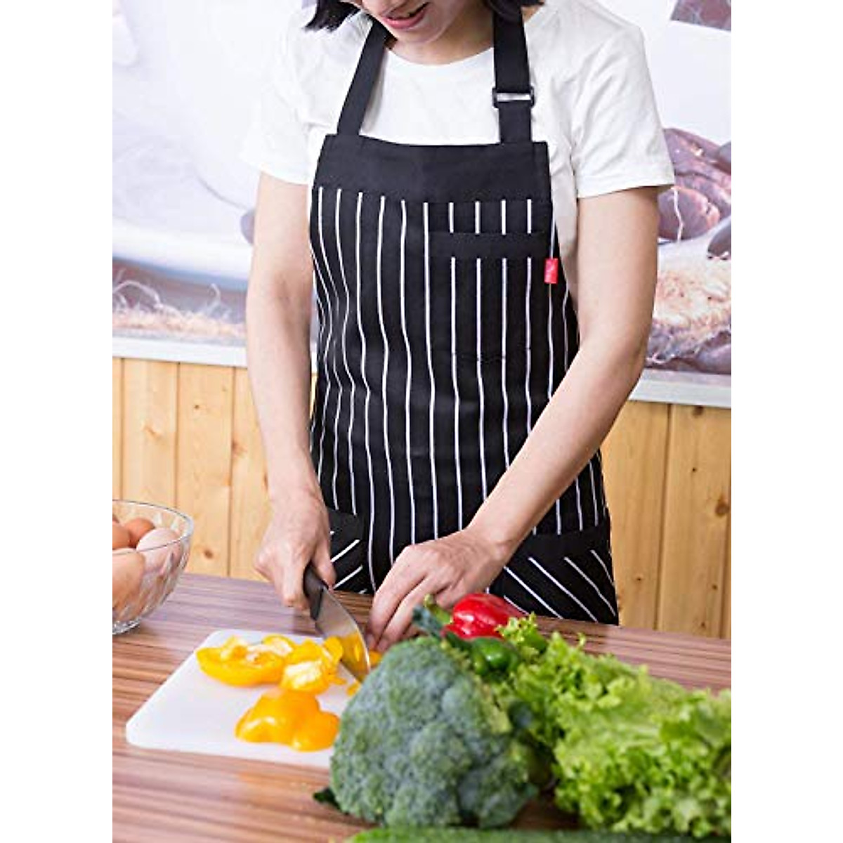 ALIPOBO Aprons for Women and Men, Kitchen Chef Apron with 3 Pockets and 40" Long Ties, Adjustable Bib Apron for Cooking, Serving - 32" x 28" - Black/White Pinstripe - 1 Pcs