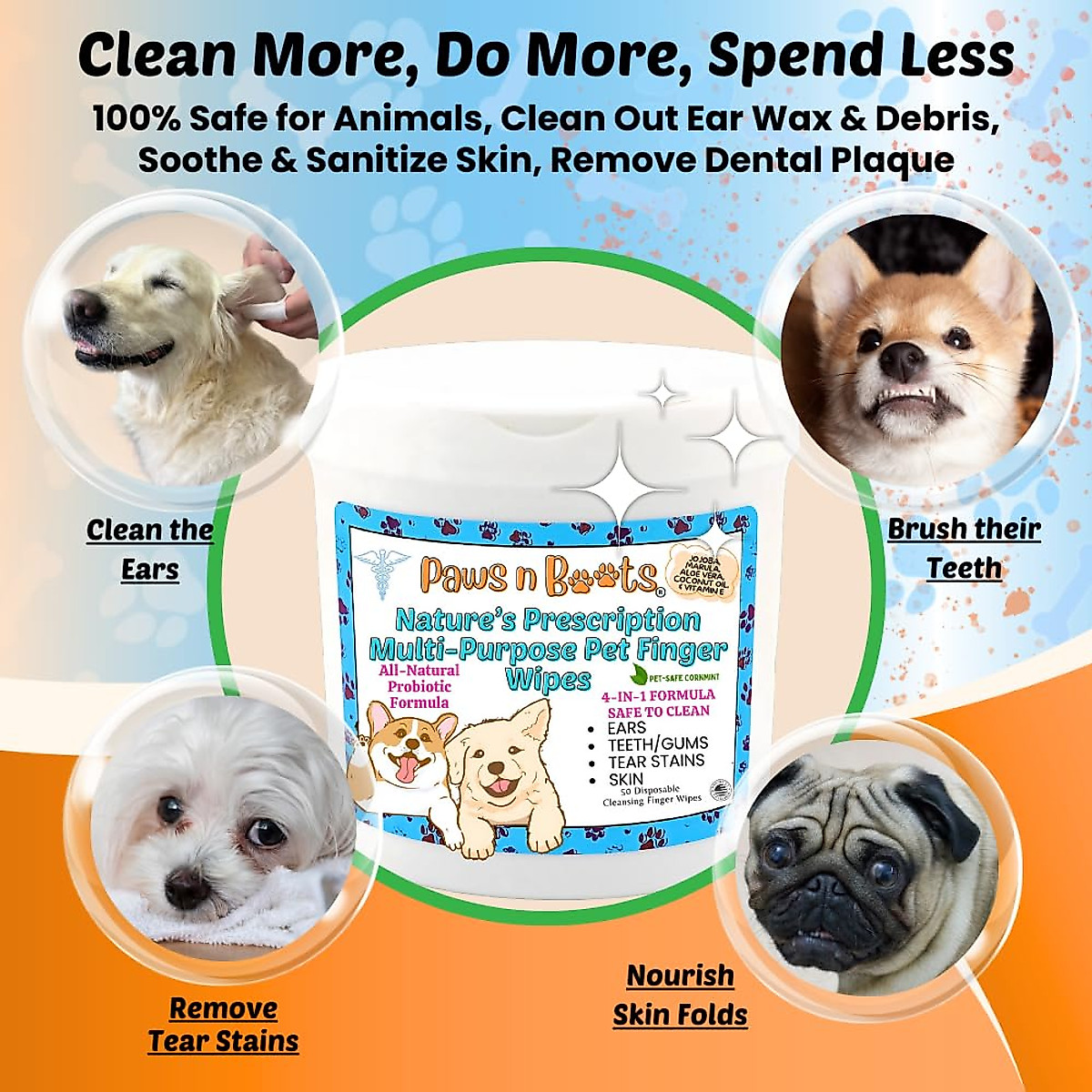 Multi-Purpose All-Natural Pet Finger Wipes, Organic, Safe, Non-Toxic Formulated Pre-Moistened Wipes. Remove Plaque & Whiten Teeth, Clear Ear Wax/Dirt Buildup, Soothe Dry Skin Folds, Remove Tear Stains