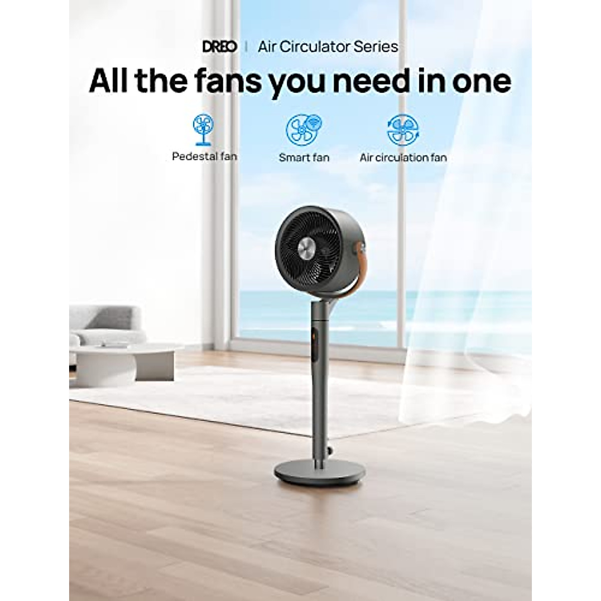 Dreo Pedestal Fan with Remote, PolyFan 513S, 43'' Quiet Standing Fan for Home Bedroom, 120°+105° Smart Oscillating Floor Fans with Wi-Fi/Voice Control, Works with Alexa/Google, 6 Modes, 8 Speeds