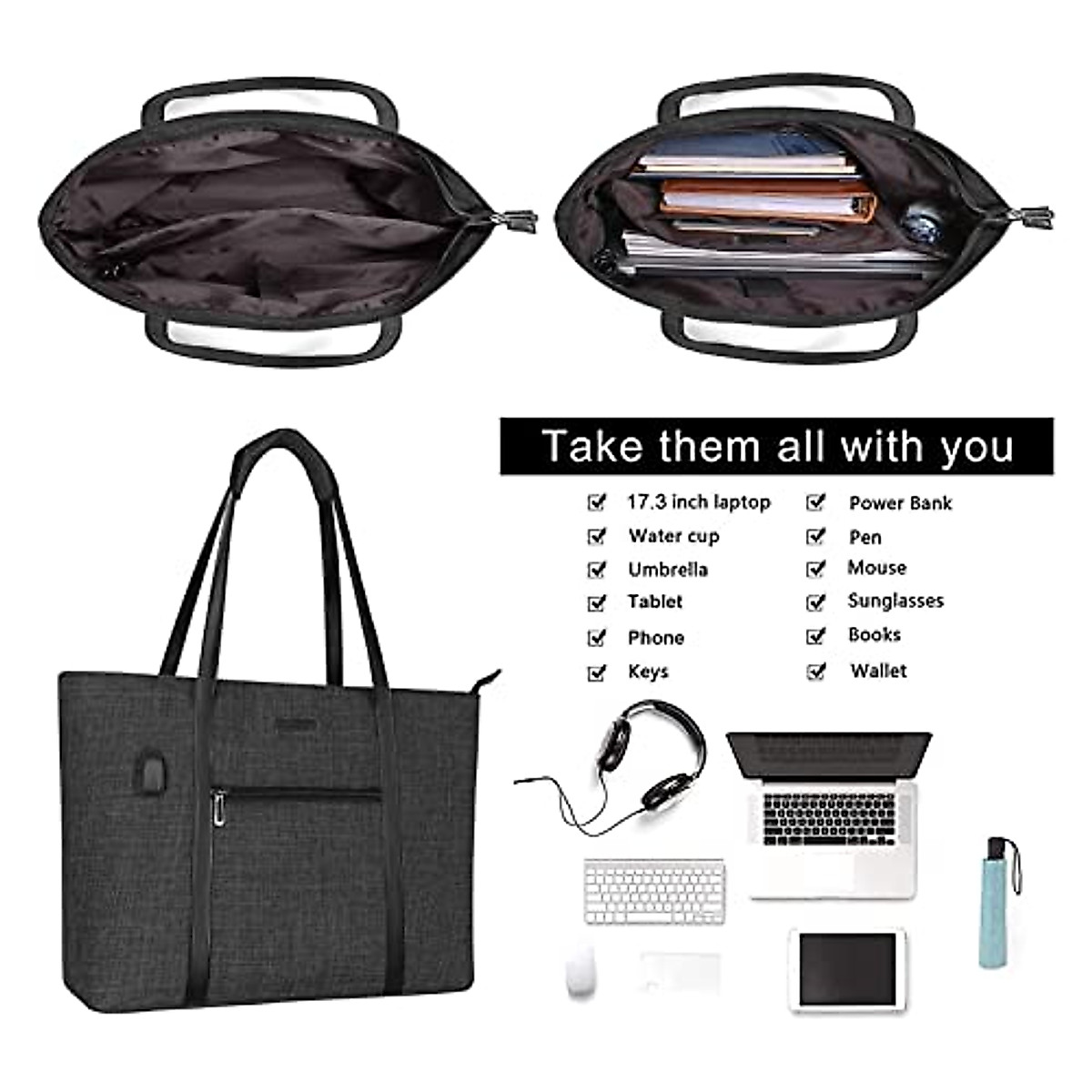 MOSISO USB Port Laptop Tote Bag for Women,Compatible with MacBook, 17-17.3 inch Notebook and Chromebook, Work Travel Business Computer Bag with Small Purse, Black