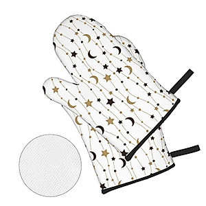 Oven Mitts and Pot Holders Sets 4 Piece, Black Gold Moon Stars Oven Gloves Heat Resistant Non-Slip for Kitchen Cooking Grilling Baking