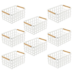 mDesign Metal Wire Food Organizer Storage Bin Basket with Bamboo Handles for Kitchen Cabinets/Pantry Organizing - Farmhouse Decor - Yami Collection - 8 Pack - Matte White/Natural