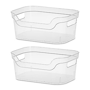 Sterilite 9.5 x 6.5 x 4 Inch Small Open Scoop Front Clear Storage Bin with Comfortable Carry Through Handles for Household Organization (16 Pack)