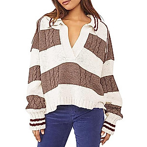 Women's 2023 Fall Casual Oversized Pullover Sweaters Lapel Collar V Neck Long Sleeve Cable Knit Striped Jumper Top Brown L