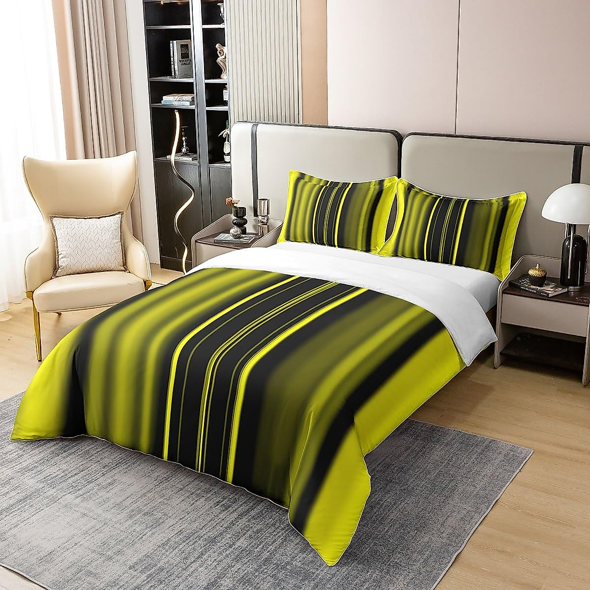 Feelyou Yellow Balck Duvet Cover 100% Cotton Abstract Art Bedding Set for Kids Boys Girls Room Decor Stripes Ombre Comforter Cover Set Queen Size Modern Striped Art Bedspread Cover 3Pcs Zipper