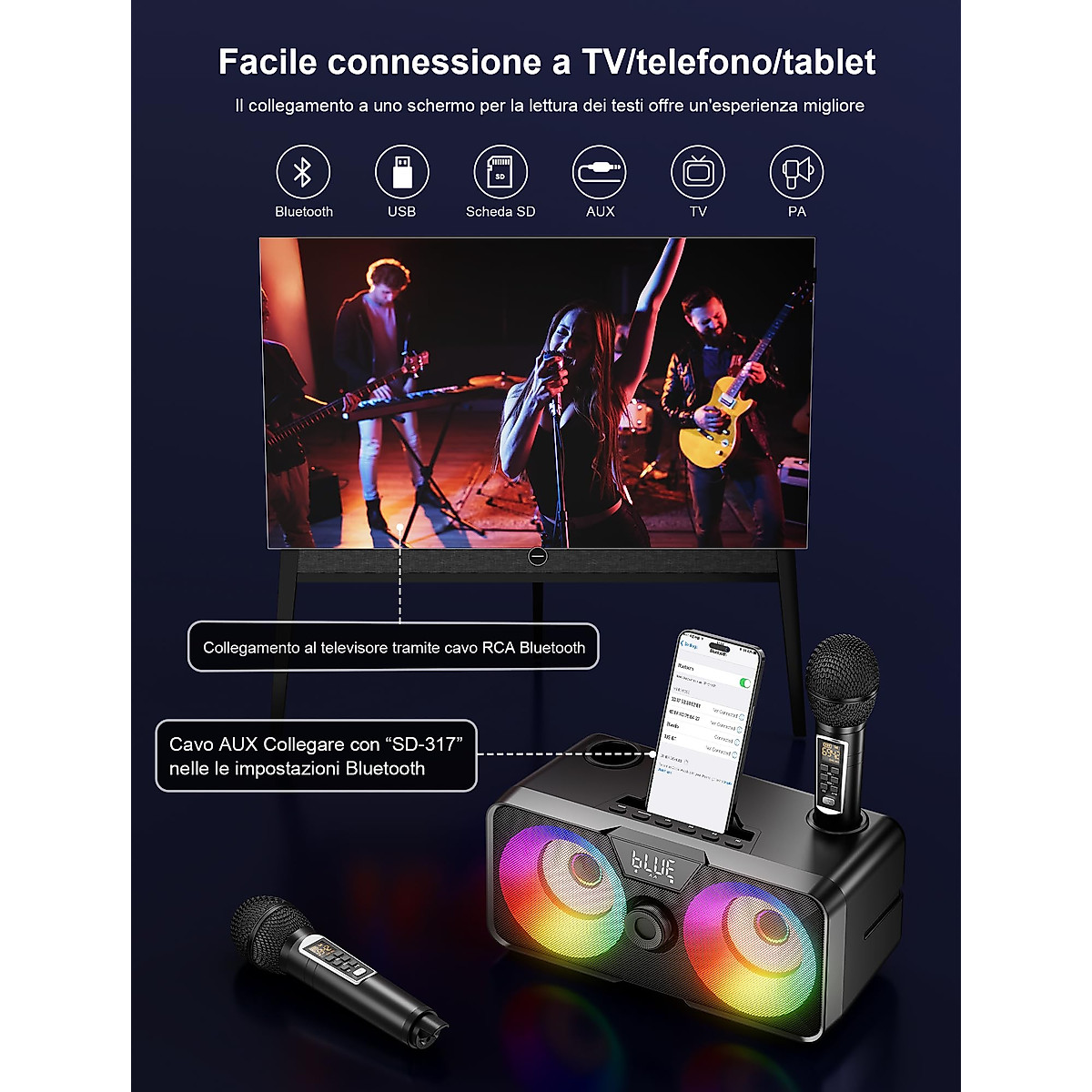 Karaoke Machine for Adults Kids with 2 UHF Wireless Microphones,Portable Bluetooth Singing PA Speaker System with LED Lights for Home Party,Outdoor/Indoor/Wedding,Church,Picnic,Birthday Gifts.