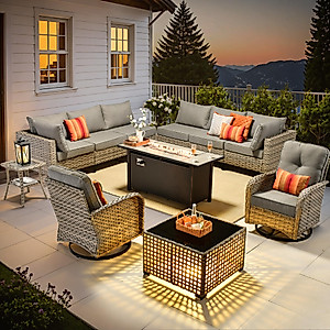 ovios 11 Pcs Patio Furniture with Fire Pit Table, Outdoor Rattan Wicker Conversation Set with Glowing Coffee Table, Comfy Sectional Sofa for Porch Balcony Backyard Pool, Grey
