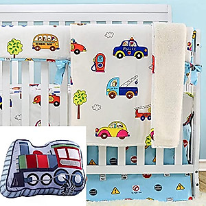 Brandream 4Pcs Cars Crib Bedding Sets for Boys with Train Shaped Pillow, 100% Cotton Blue Transport Vehicle Collection