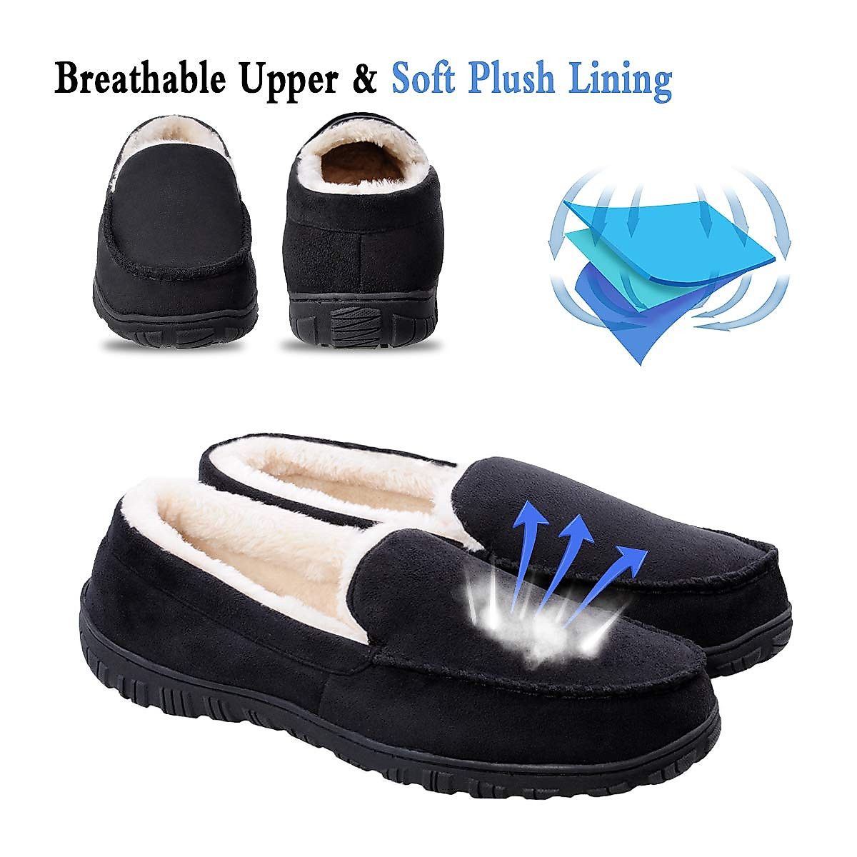 shoeslocker Slippers for Men Moccasin Mens Slippers Warm Indoor Outdoor Black Size 10