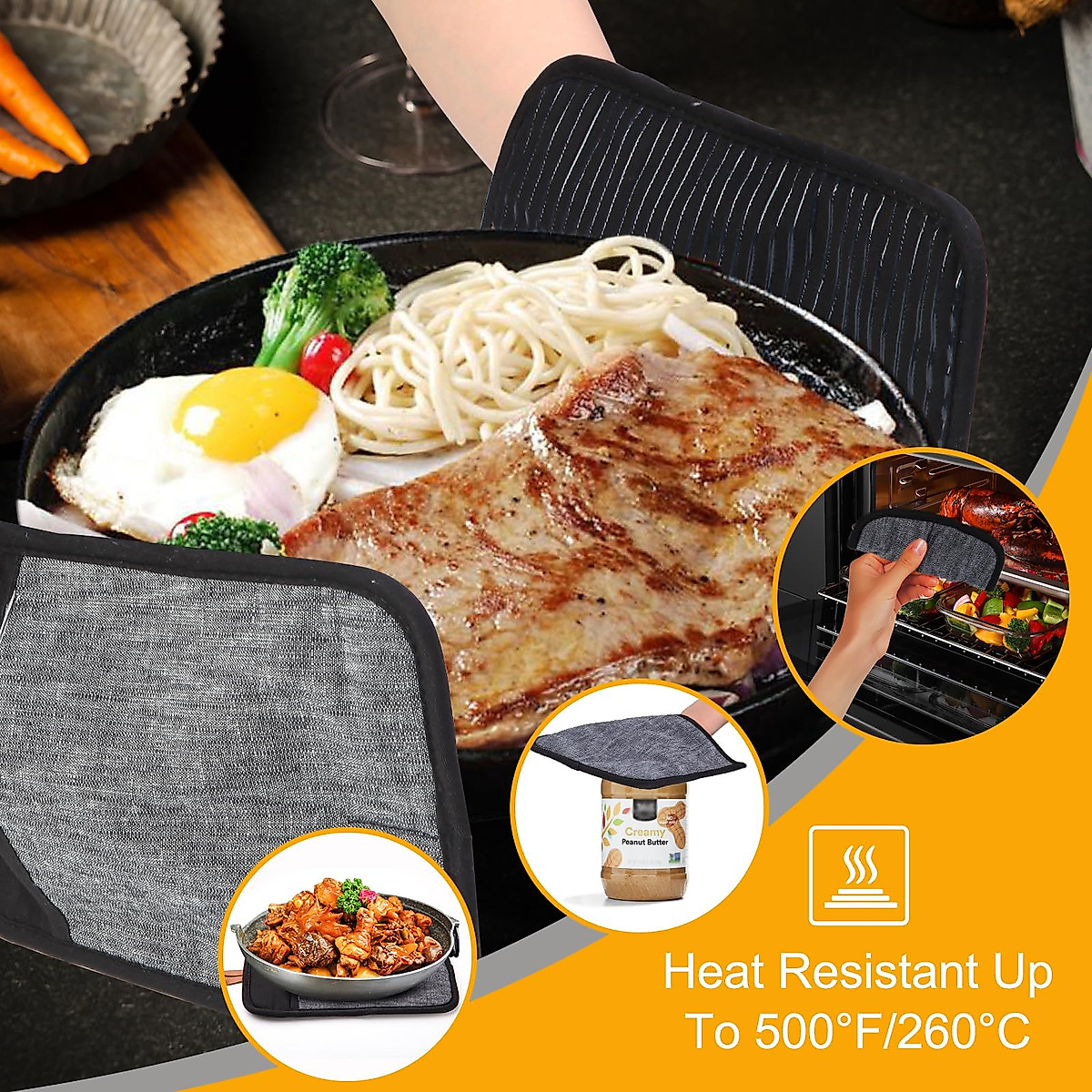 4PCS TIPTAP Oven Mitts, Kitchen Oven Mitts Set, Non Slip Cotton Oven Mitt and Pot Holders,Heat Resistant, Machine Washable,2 Long Mit and 2 Pot Holder(Black)