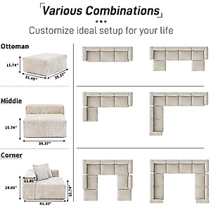 WJShome Modular Sectional Sofa Couch,102inch Oversized LoveSofa,Upholstered with Corduroy Fabric Couches with 4 Pillows,Cushion Covers Removable, Comfy for Living Room, Office, Apartment,Beige