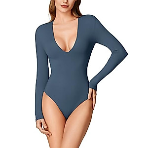 REORIA Womens Sexy Casual One Piece Bodysuit Jumpsuit Y2k Fashion Deep V Neck Long Sleeve Bodycon Tops Star Blue XX-Large