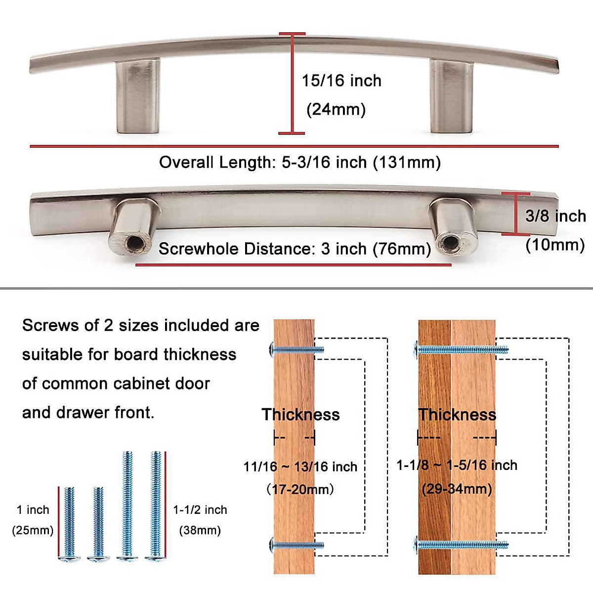 KOOFIZO Solid Curved Bar Cabinet Pull - Black Furniture Arch Handle, 3 Inch/76mm Screw Hole Center, 10-Pack for Kitchen Cupboard Door, Bedroom Dresser Drawer, Bathroom Wardrobe Hardware