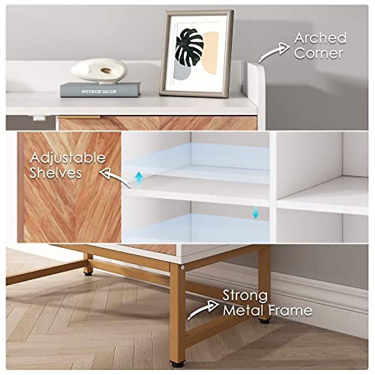 Saudism 29 Gallon Fish Tank Stand, Small Aquarium Stand 20 Gallon with Doors & Adjustable Shelves, Boho Sideboard Coffee Bar Cart, Kitchen Cupboard Console Table, 30.5" L×15.7" W×35" H, White/Gold