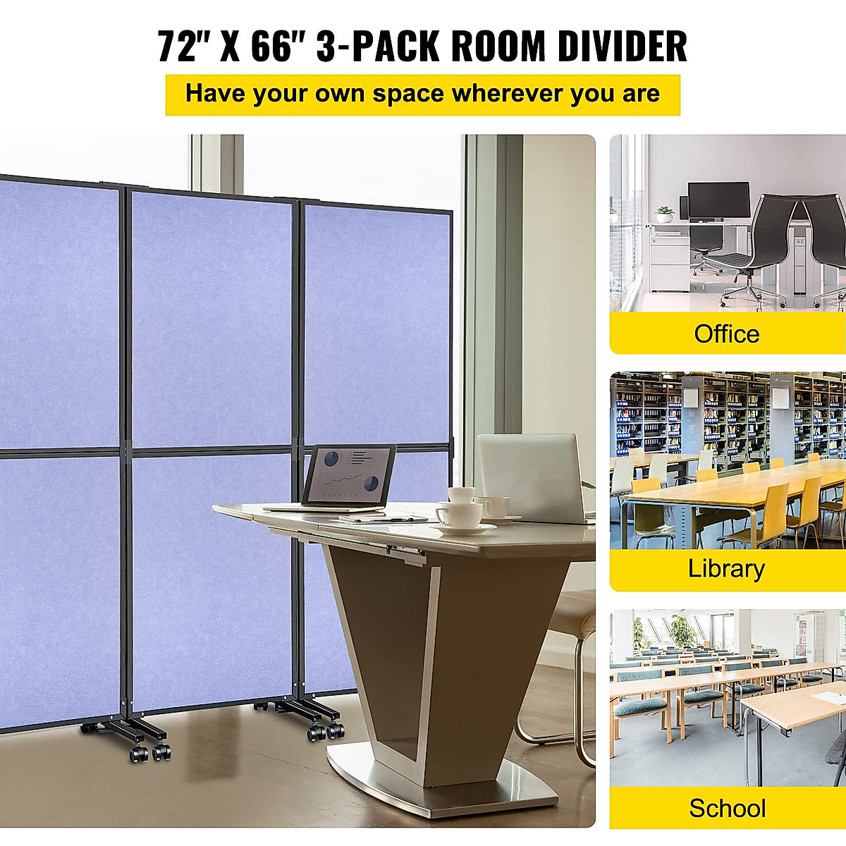 VEVOR Room Divider, 5.5 ft Room Dividers and Folding Privacy Screens, Partition Room Dividers 3 Panels, Portable Office Walls Dividers, Acoustic Room Divider (Steel Blue) for Office, Library, School