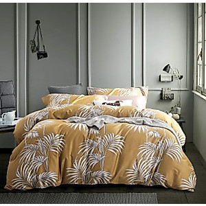 Eikei Modern Vintage Retro Mod Print Bedding Egyptian Cotton Duvet Cover Set Minimalist Chic Botanical Design Asian Zen Style Reversible Pattern in Full Queen or King Size (King, Mustard Yellow)