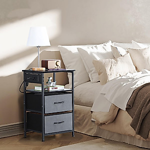 NANANARDOSO Nightstand with Charging Station, Small Bedside Table with 2 Fabric Drawers and Storage Shelf, Rustic End Table for Small Space Bedroom Living Room, Black