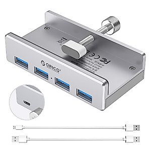 ORICO USB 3.0 Hub, USB Hub Clamp, Aluminum 4-Port USB Splitter with Extra Power Supply Port and 4.92 FT USB A to USB A and USB A to USB C Cable, Desktop Powered USB Hub for Monitors/Desks-Silver