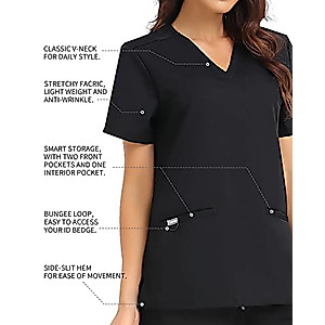 COMENII Scrub Tops for Women, 3 Pocket Soft V-Neck Tailored Fit Workwear, Anti-Wrinkle Medical Scrubs for Women（Black M）