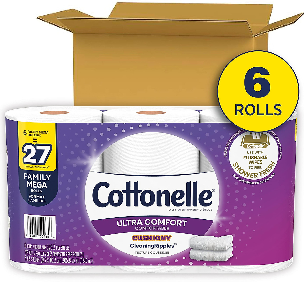 Cottonelle Ultra Comfort Toilet Paper with Cushiony CleaningRipples Texture, Strong Bath Tissue, 6 Family Mega Rolls (6 Family Mega Rolls = 27 Regular Rolls), 325 Sheets per Roll