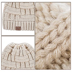 Alepo Womens High Messy Bun Beanie Hat with Ponytail Hole, Winter Warm Trendy Knit Ski Skull Cap (Black)