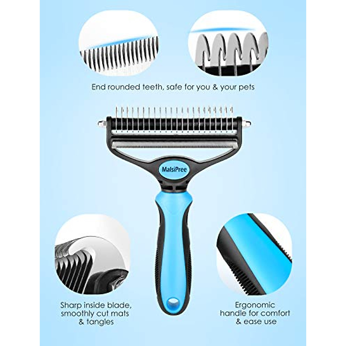 MalsiPree Dog Grooming Brush for Shedding - 2 in 1 Deshedding Tool and Undercoat Rake for Long and Short Haired Dogs with Double Coat - Dematting Comb and Pet Hair Deshedder Supplies (Large, Blue)