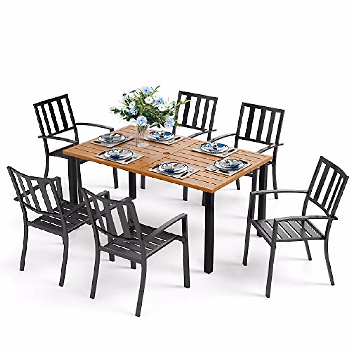 HERA'S HOUSE 7 Pieces Patio Dining Set, Outdoor Table and Chairs Set for 6, 60" Wood Look Table and 6 x Metal Patio Chairs for Backyard Lawn Garden Deck