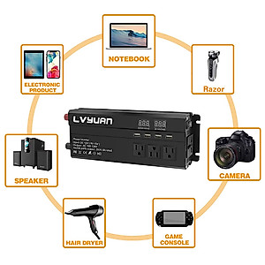 LVYUAN 1000W Car Power Inverter 12V to 110V DC to AC Car Inverter with 3.1A USB Car Adapter, 4 Outlets, Battery Clips, Cigarette Lighter for Car, Home, Outdoor, Camping