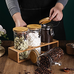 GURUDAR Glass Coffee Storage Container with Bamboo Shelf, 3PCS 49oz Airtight Sealed Coffee Bean Jar with Clamp Lid & Measuring Spoon, Kitchen Pantry Canister Set for Ground Coffee Sugar Tea Flour
