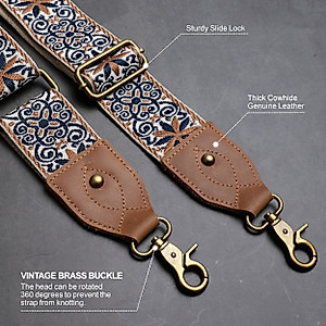 Nefelibata Purse Strap, 2"Cowhide Head Wide Shoulder Strap Adjustable Replacement,Retro Jacquard Embroidery Multi-pattern Crossbody Bag Straps for Handbag,Crossbody Bags(Blue flower embroidery)