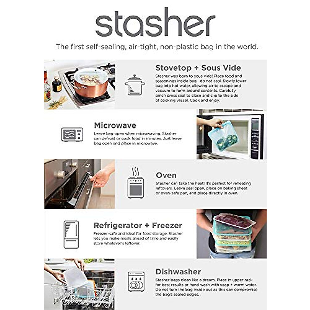 Stasher Re-Usable Food-Grade Platinum Silicone Stand Up Bag for Eating from/Cooking, Freezing and Storing in/Organising/Travelling, 17.80 x 20.30 cm/1.65 Litre/56 Fluid Ounces, Clear