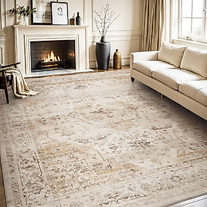 AMOAMI-Area Rug 9X12 Rugs for Living Room-Vintage Soft Beige Rugs for Bedroom-Non Slip Carpet-Washable Rug for Dining Room Living Room Bedroom Office Under Table