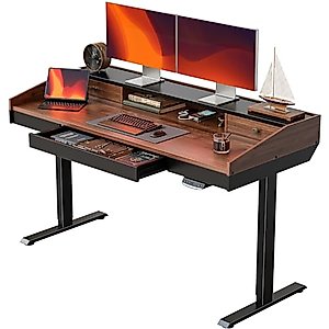 FEZIBO 55" Whole-Piece Standing Desk Adjustable Height with drawers, 55 x 24 inches Electric Adjustable Desk with Monitor Shelf, Sit Stand Rising Desk with baffle, Black Walnut