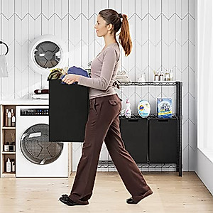 Laundry Sorters with 3 X 45L Pull-Out & Removable Laundry Bags, 2 Tier Adjustable Metal Storage Shelf, Oxford Fabric Laundry Baskets, Black