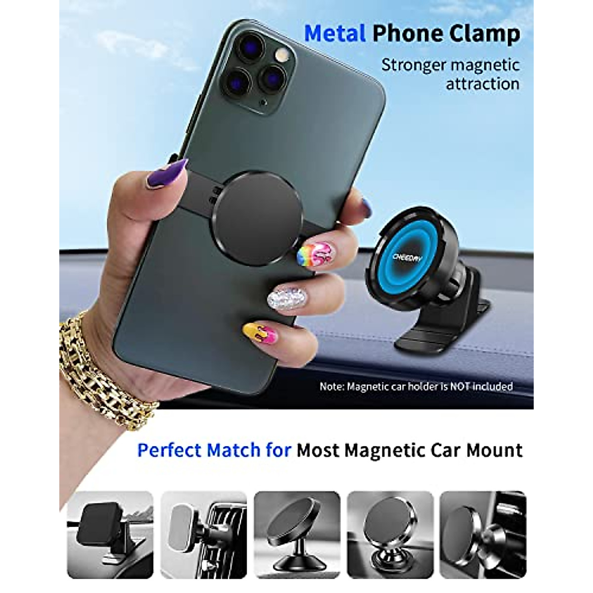 CHEEDAY Metal Phone Clamp for Magnetic Car Mount, [Clip & Remove at Anytime] Durable Metal Phone Clip for Most Magnet Phone Holder Compatible with iPhone 12 13 14 Pro Max, Samsung and More, Black