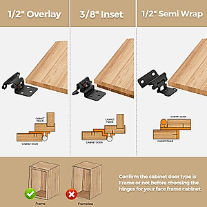 50 Pack 25 Pair Black Cabinet Hinges - 3/8 inch Inset Kitchen Cabinet Hinges, Semi-Concealed Hinges, Self Closing Cabinet Door Hinges with Door Bumper Flush Face Mount Cupboard Hardware