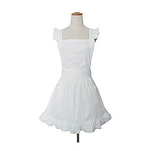 Love Potato Cute White Retro Lady's Aprons for Women's Kitchen Cooking Cleaning Maid Costume with Pockets