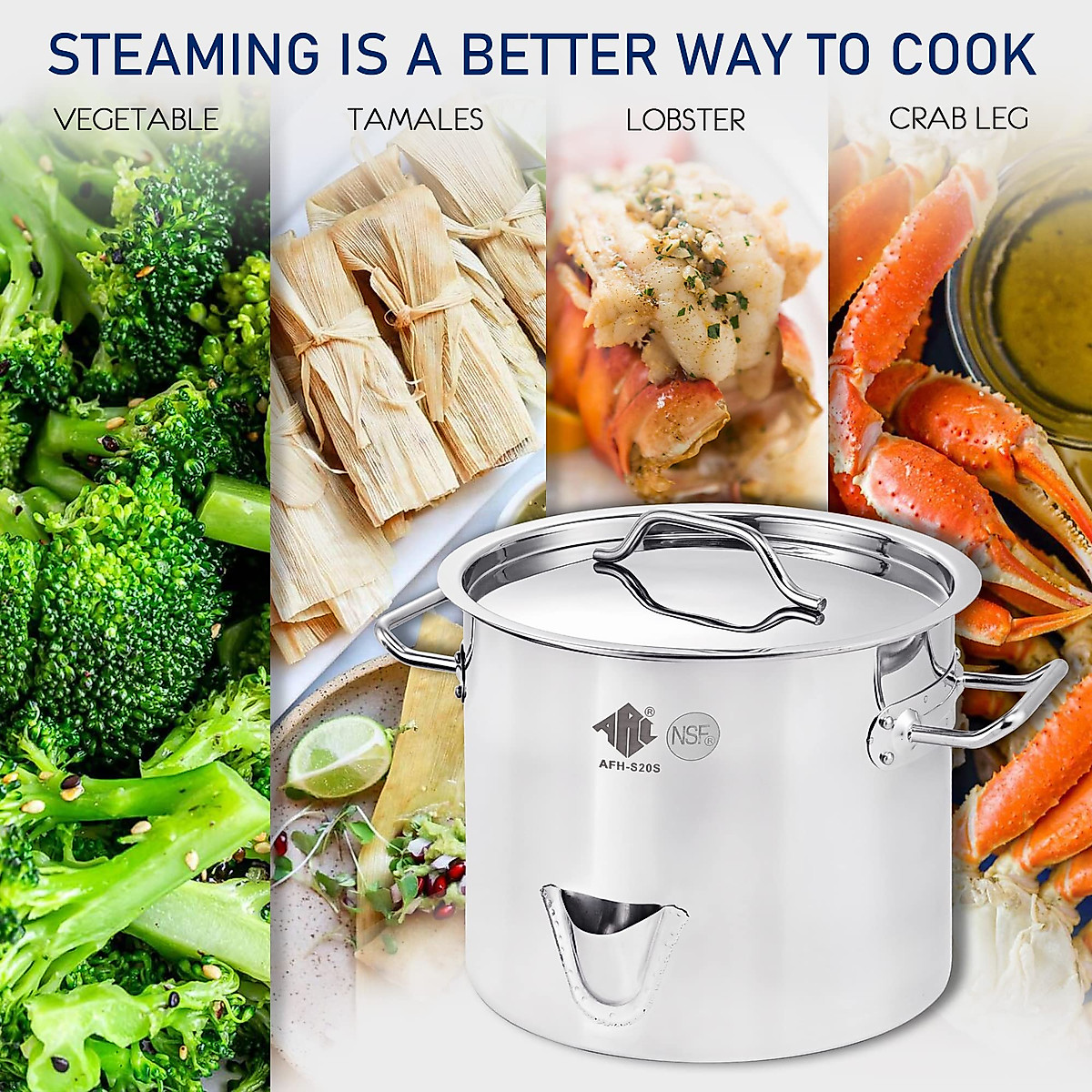 ARC 20QT Stainless Steel Tamale Steamer Pot w/Easy-fill Water Spout, Seafood Crab Steamer with Divider and Steamer Rack, 5 Gallon