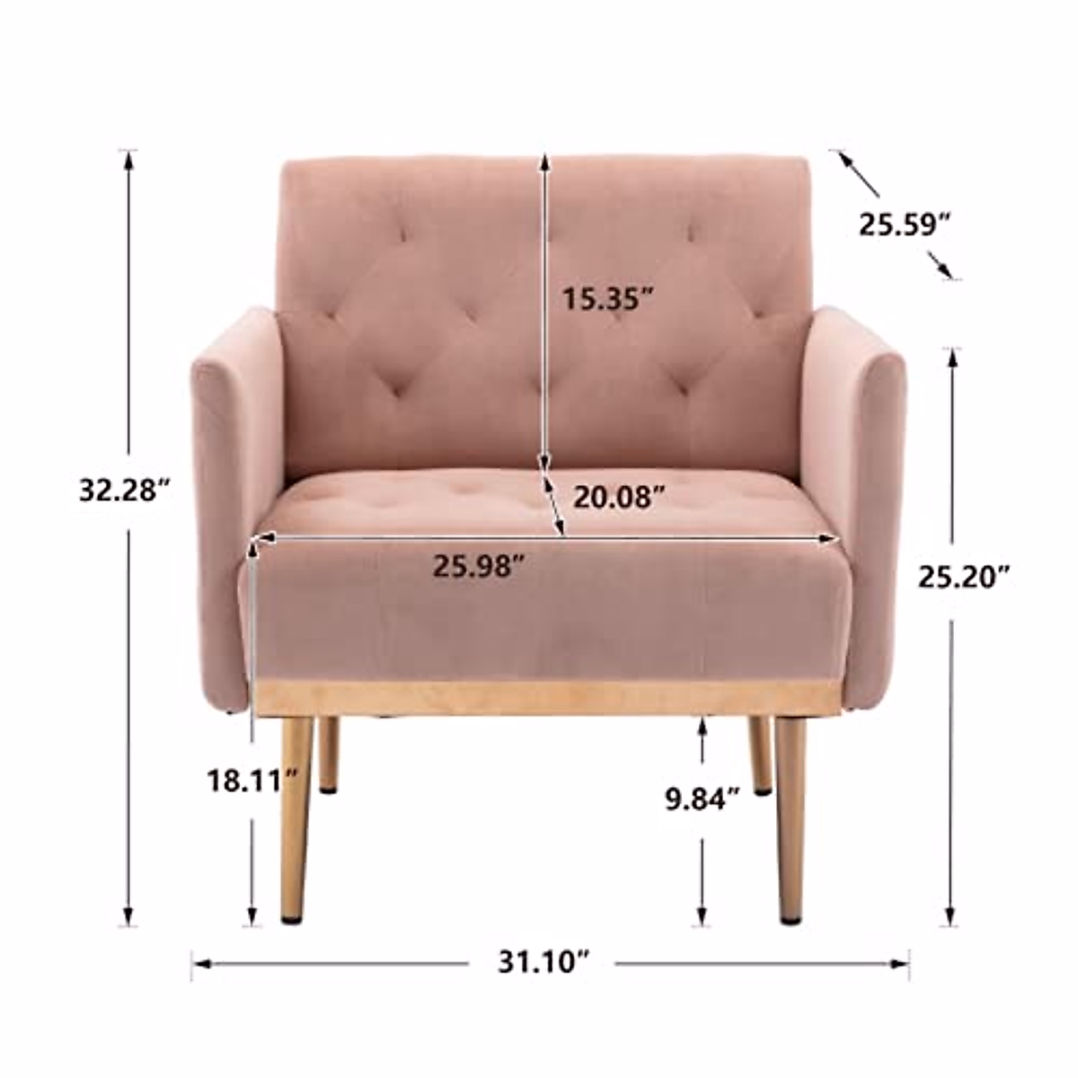 SZLIZCCC Square Velvet Accent Chair, Golden Metal Leg Single Sofa, Living Room, Bedroom, Coffee, Reception (Pink)