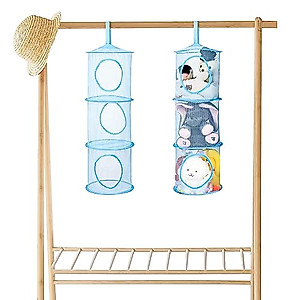 Fuyamp 2Pcs 75 * 26cm Stuffed Animal Storage Mesh Foldable Stuffed Animals Organizer Net or Hammock, 3 Compartments Hanging Mesh Toy Storage Basket for Kids Girls Boys Room Bathroom (Blue)