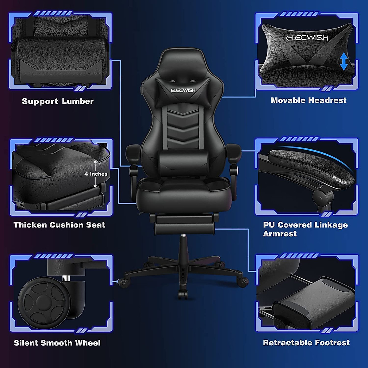 ELECWISH Gaming Chair, Reclining Computer Chair with Footrest and Lumbar Support, High Back Ergonomic Gamer Chair for Adults, Gaming Desk Chair with Headrest PU Leather