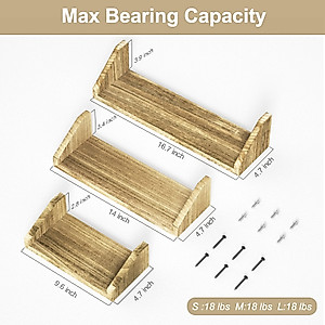 SRIWATANA Floating Shelves Wall Mounted Set of 3, Solid Wood Wall Shelf Display Ledge Storage Shelves for Living Room Kitchen Bathroom, Carbonized Black