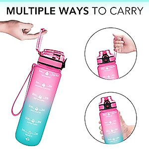 GOSWAG 32oz Motivational Water Bottles with Time Marker & Fruit Strainer with Times to Drink, Leakproof & BPA Free, Reusable Plastic Sports Bottle with Strap no Straw for Gym & School