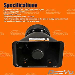 BooYu 200 Watt Rectangle High-Performance PA Siren Horn Speaker [8 Ohms] [125-135 dB] [IP66 Waterproof] [Compatible with 100-200 Watt Siren System] for Police Car, Ambulance, Fire, Engineer Vehicles