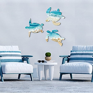 Tatuo Summer Coastal Wall Decor Beach Wall Art Decor Blue Sea Turtle Surfboard Seahorse Starfish Seashell Conches Crabs Sea Life Decor for Bathroom Bedroom Home(3 Pcs, Fresh Turtle Style)