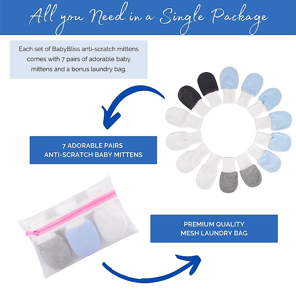 Anti-Scratch Mittens for Babies 0-3 Months - Pack of 7 Newborn Mitts - No Scratch Gloves for Boys - Cotton Gloves For Infants with Laundry Bag