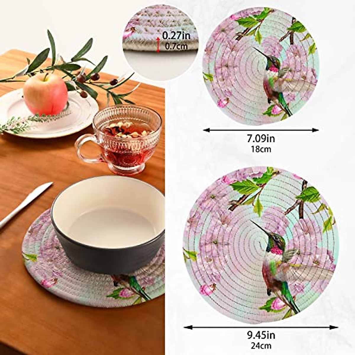 Trivets for Hot Pots Dishes Heat Resistant, Hummingbird Hot Mats Pads for Kitchen Decorative Counter Tops Dining Washable Pot Holder Coasters Set
